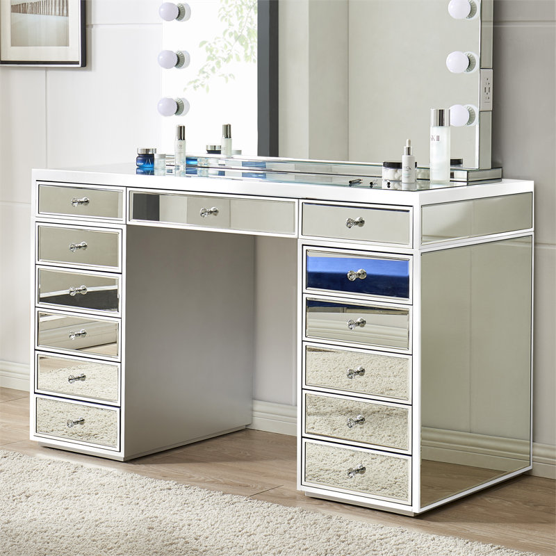 Everly Quinn Patternson Mirrored Vanity Table 13-Drawer | Wayfair
